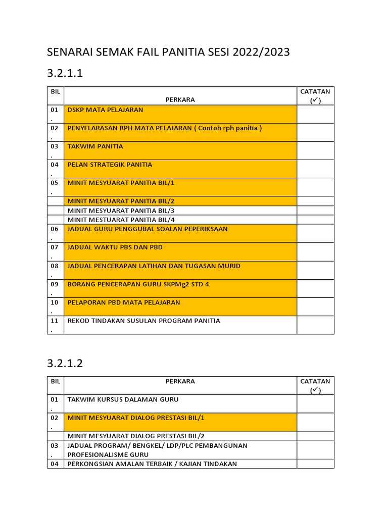 Senarai Semak Fail Panitia 2022 | PDF