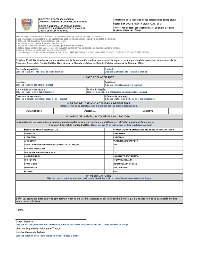 Formato Remision A Evaluacion Medica Ocupacional de Ingreso v2 Digsa | PDF | Colombia | Ciencias ...