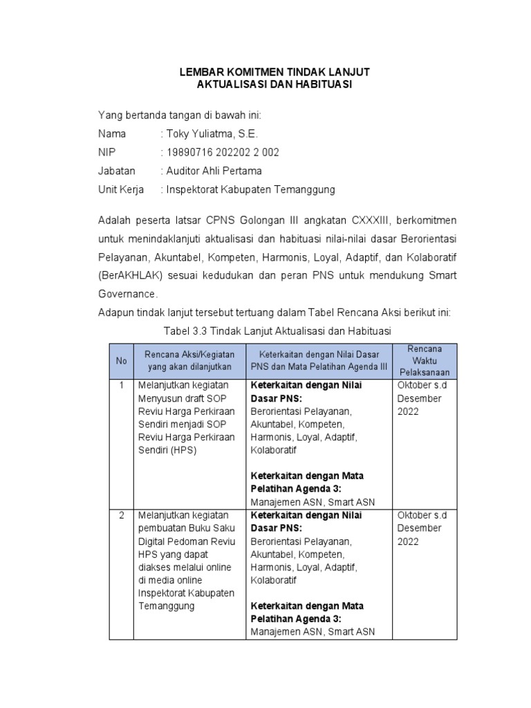 Lembar Komitmen Tindak Lanjut Aktualisasi Dan Habituasi Toky | PDF