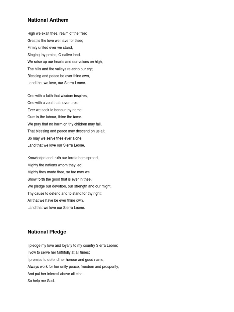 Sierra Leone National Anthem and Pledge | PDF | Cooking, Food & Wine ...