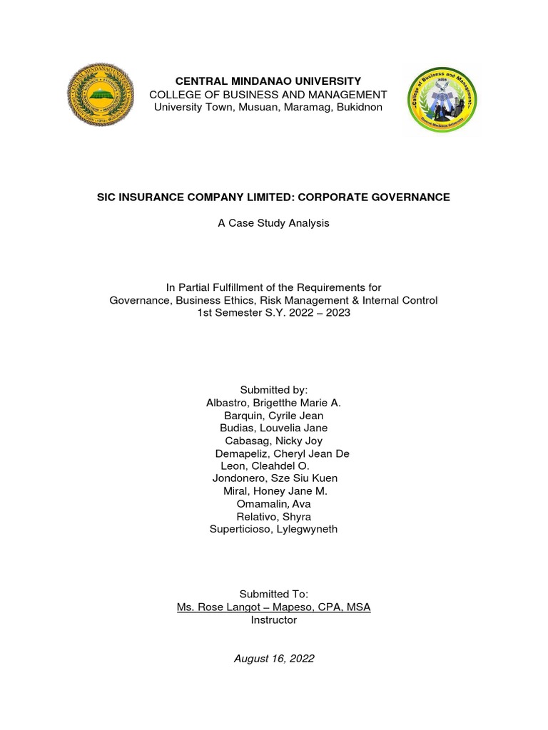 FinalSIC INSURANCE COMPANY - CASE STUDY ANALYSIS | PDF | Corporate ...