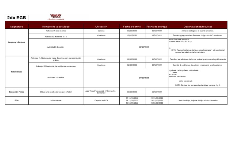 Hoja de Actividades Semanales 2025 - 2do EGB | PDF | Lingüística