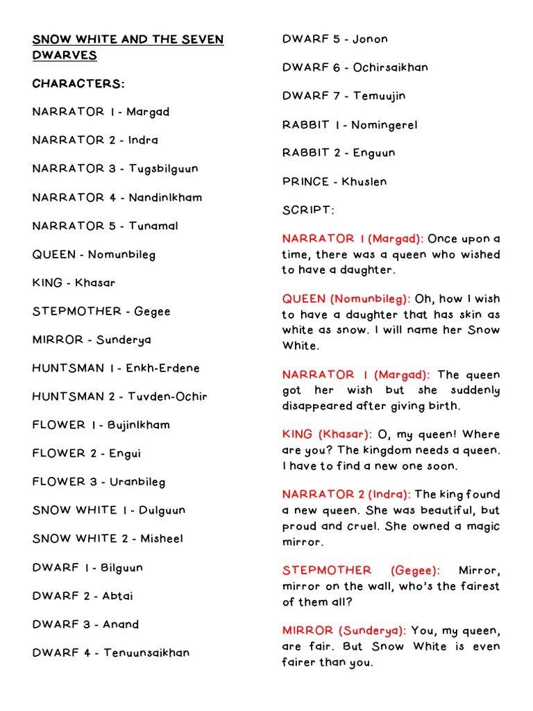 Snow White Play Script Characters | PDF | Snow White | Dwarf (Dungeons ...