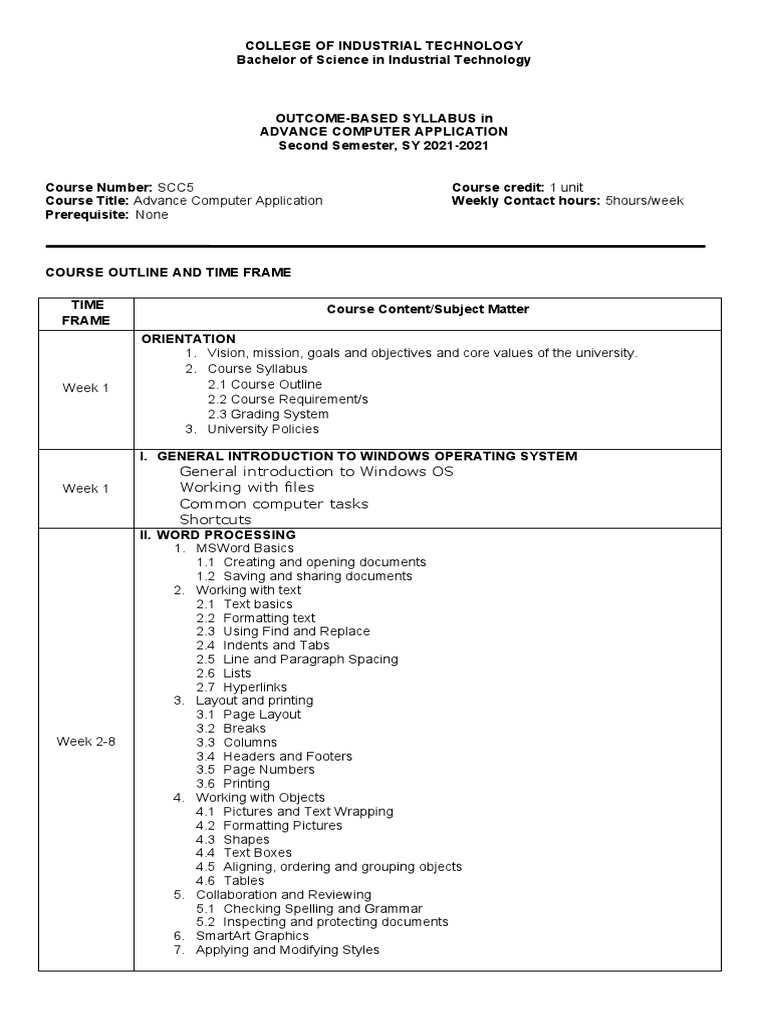 COURSE OUTLINE - Advance Computer Application | PDF | Computing ...