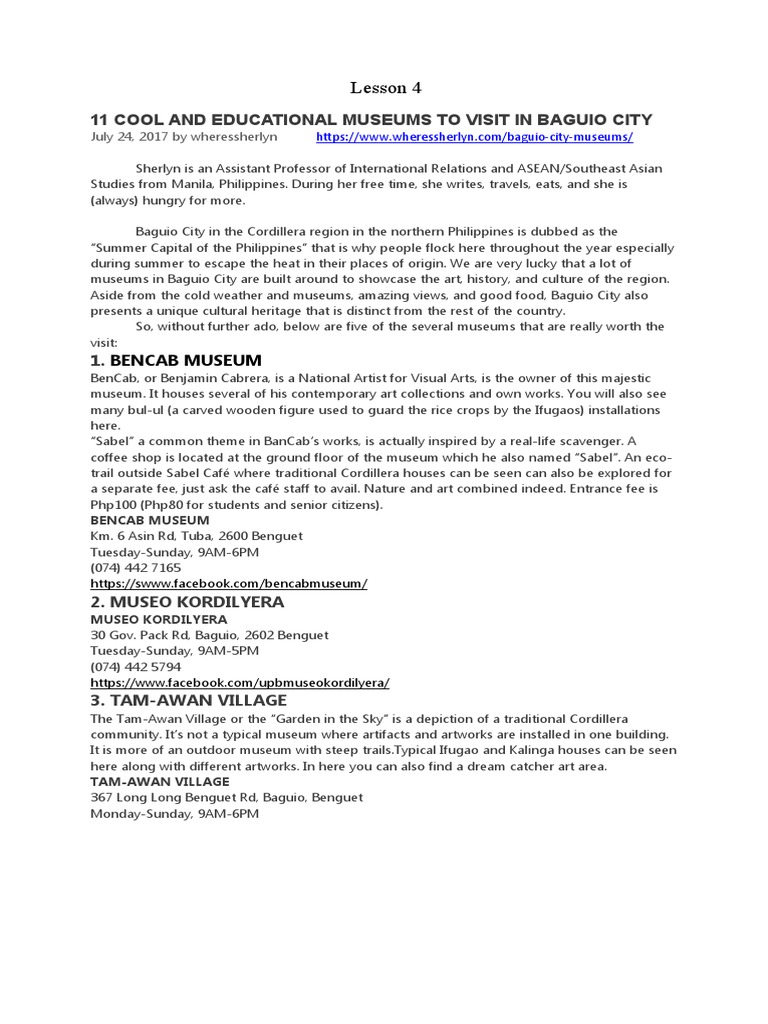 Lesson 4 Museums in Baguio | PDF