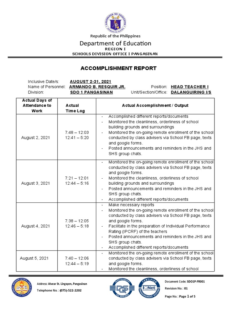 Accomplishment - DTR August 2021 | PDF | Computing