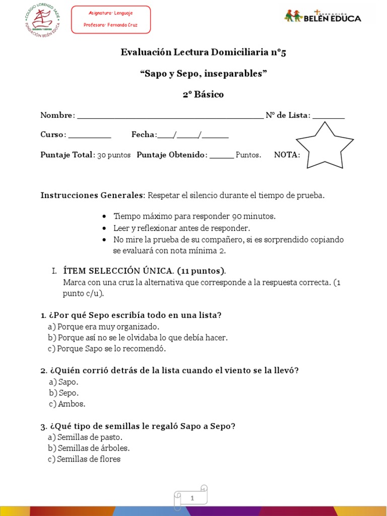 2° Básico Evaluación Lectura Domiciliaria #5 Sapo y Sepo Inseparables ...