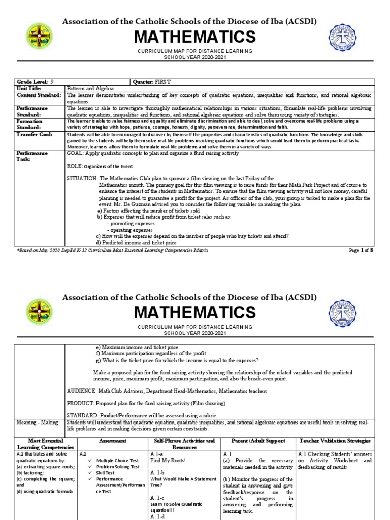 MATH CM Grade 9 First Quarter | PDF | Quadratic Equation | Equations