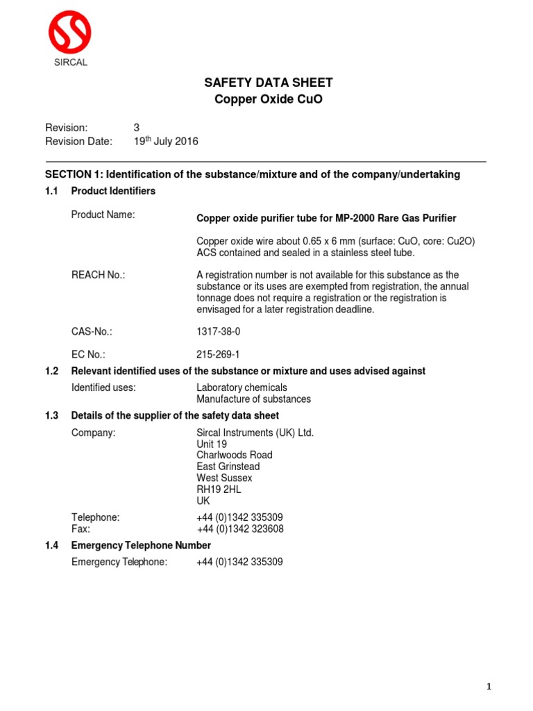 Msds Sircal Artno 78999120 121 095 Copper Oxide en | PDF | Toxicity | Dangerous Goods
