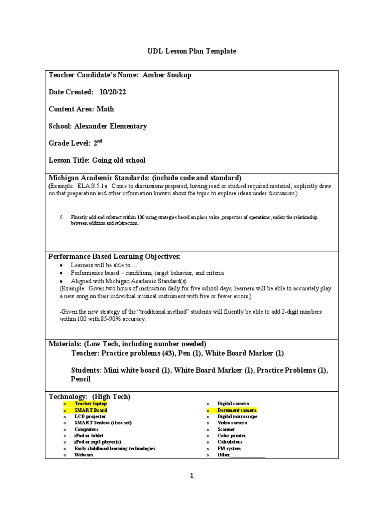UDL Math Lesson Plan Template | PDF | Learning | Psychology