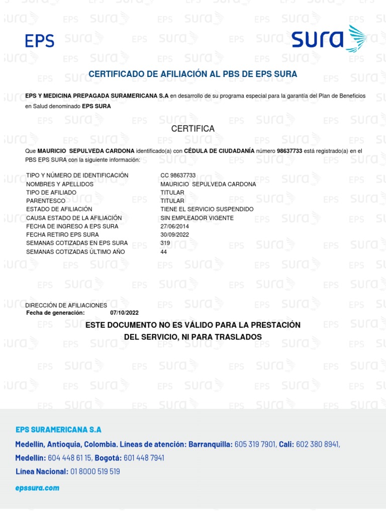 Certificado de Afiliación EPS Sura | PDF