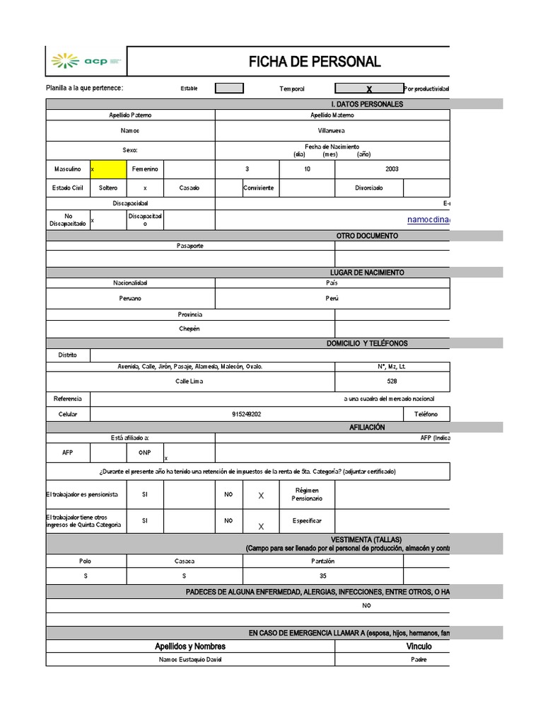 FORMATO 8 - Ficha de Ingreso de Personal-DIANA NAMOC | Descargar gratis ...