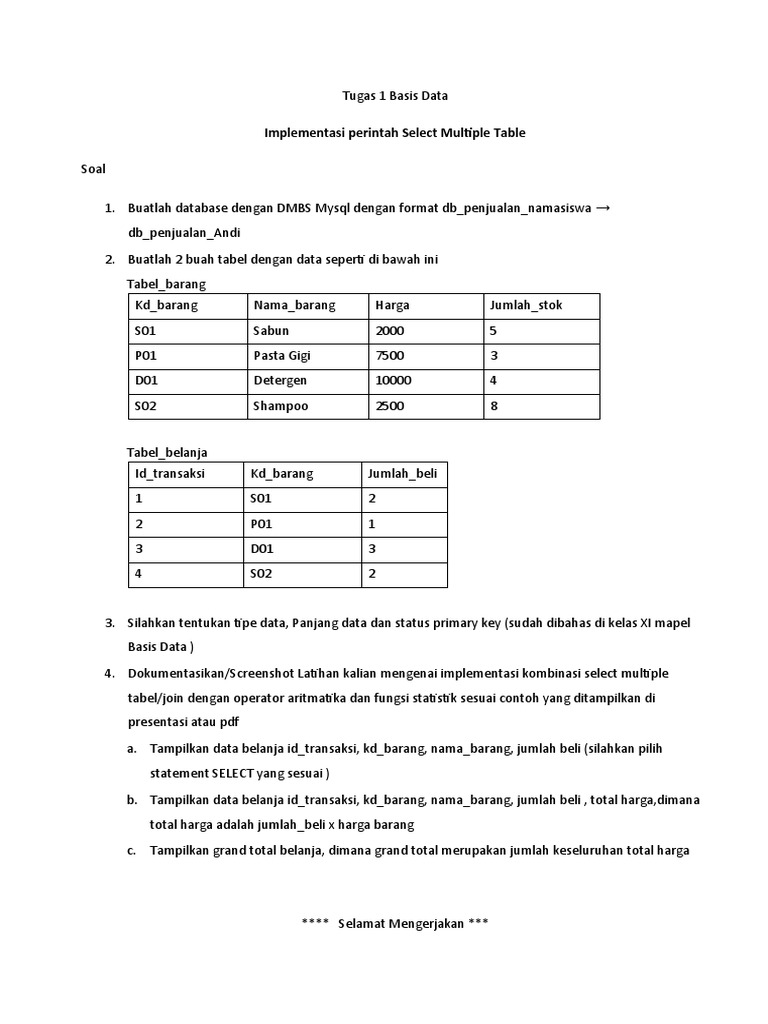 Tugas 1 Basis Data | PDF | Bisnis | Pengelolaan Keuangan & Uang