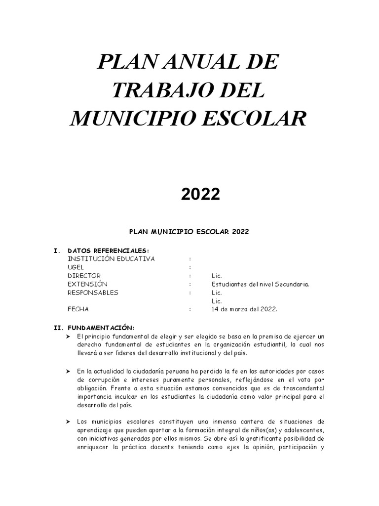 Modelo de Plan de Municipio Escolar | PDF | Educación primaria | Democracia