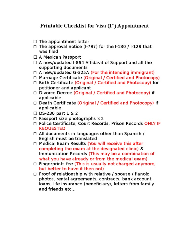 Printable Checklist for Visa Appointment