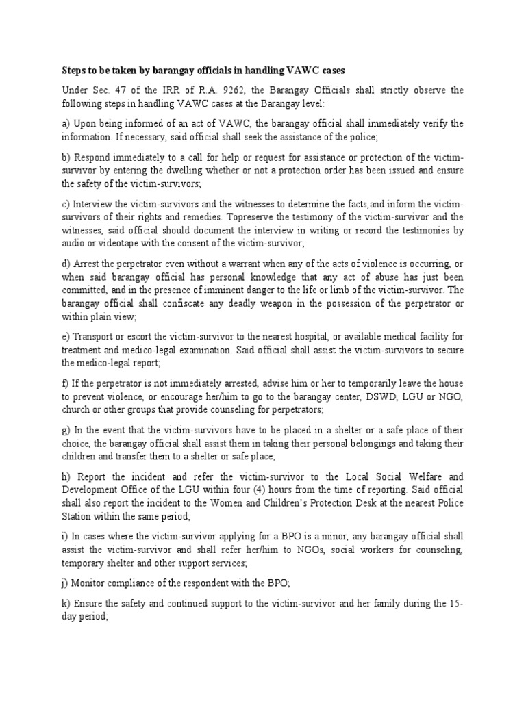 Steps To Be Taken by Barangay Officials in Handling VAWC | PDF ...