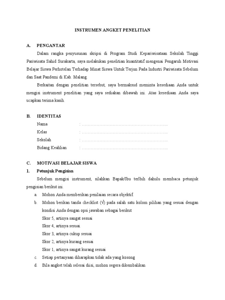 Instrumen Angket Penelitian | PDF