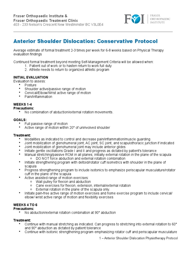 Physio Protocol Anterior Shoulder Dislocation NEW ADD 1 | PDF | Shoulder | Anatomical Terms Of ...