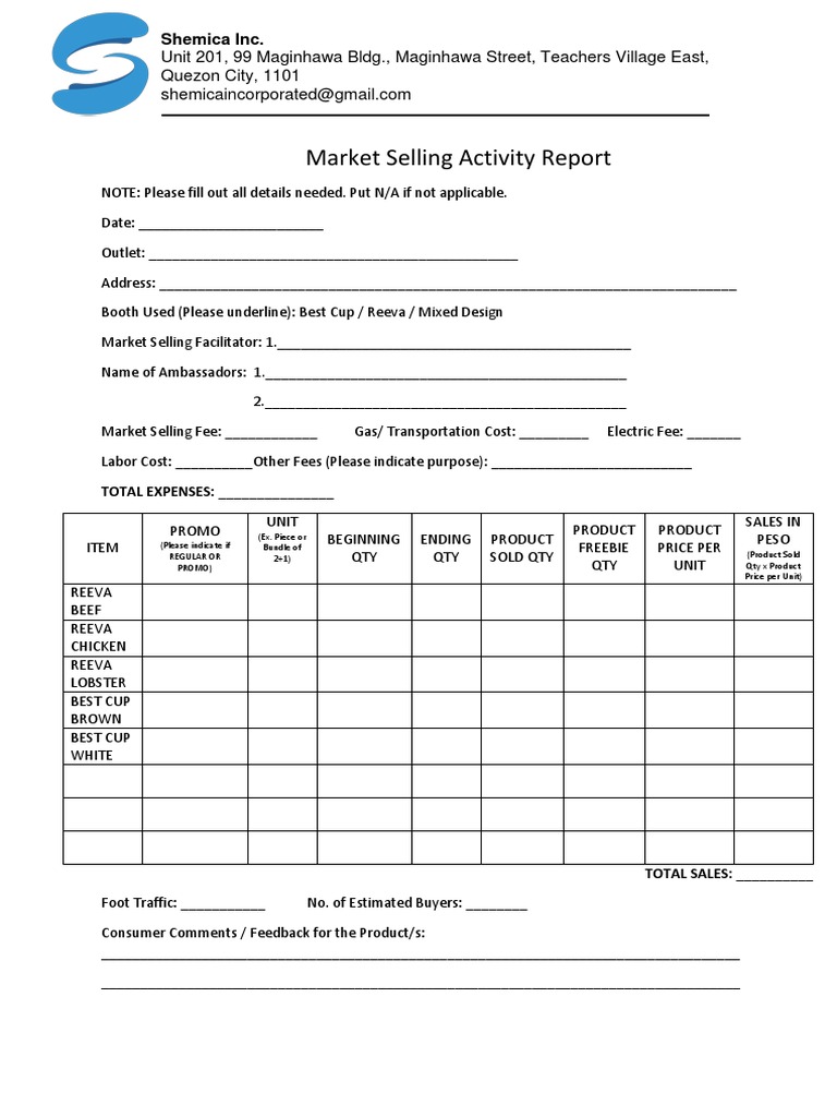 Shemica Inc. Market Selling Activity Report Form v.5 | PDF | Business ...