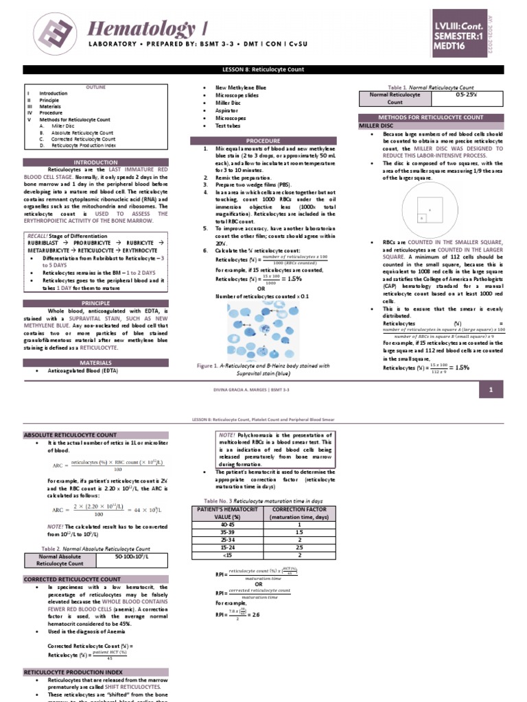 C2 HEMA Lab L8 Reticulocyte Count Platelet Count and PBS 2 | PDF ...
