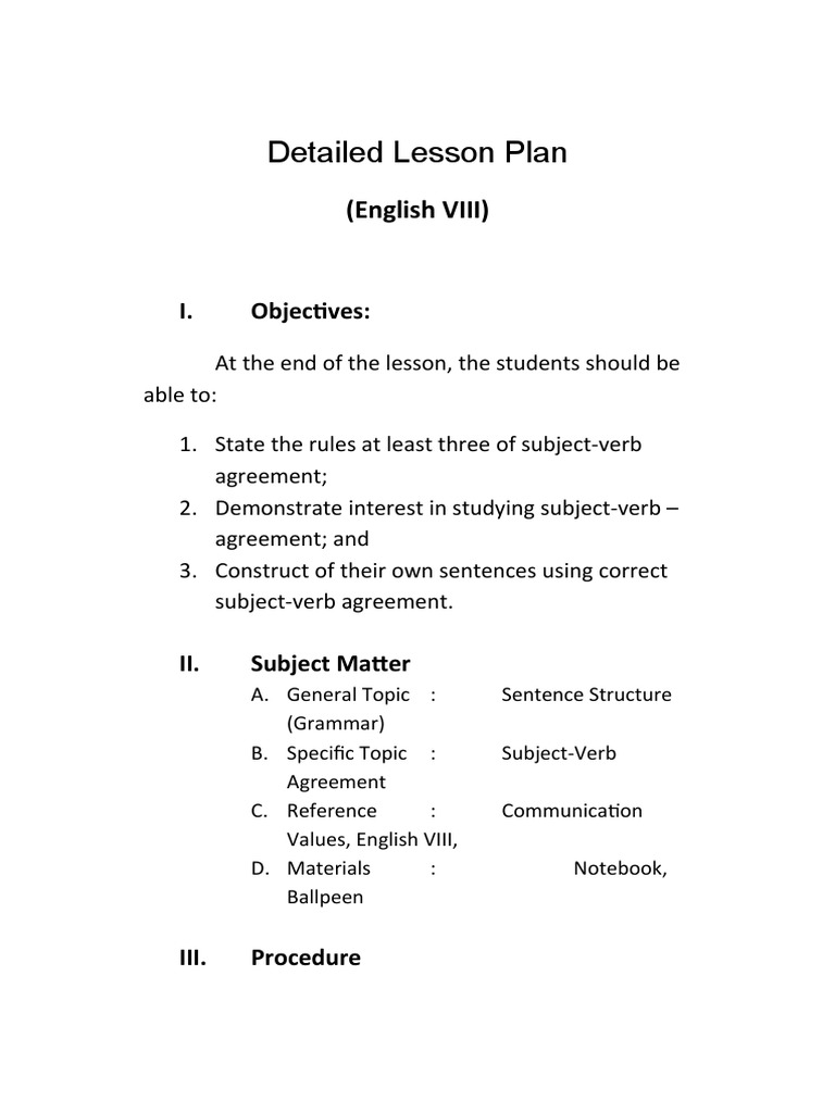 Detailed Lesson Plan on Subject-Verb Agreement | PDF | Grammatical ...