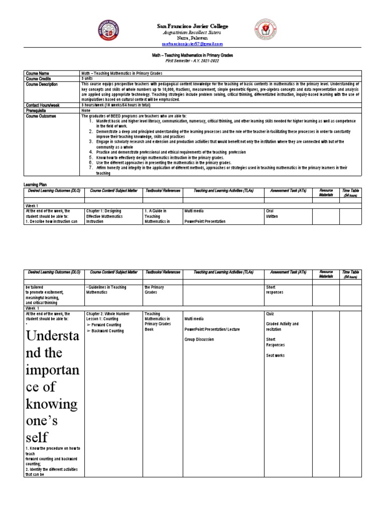 Teaching Math Primary Grades Syllabus | PDF | Teaching Method | Learning