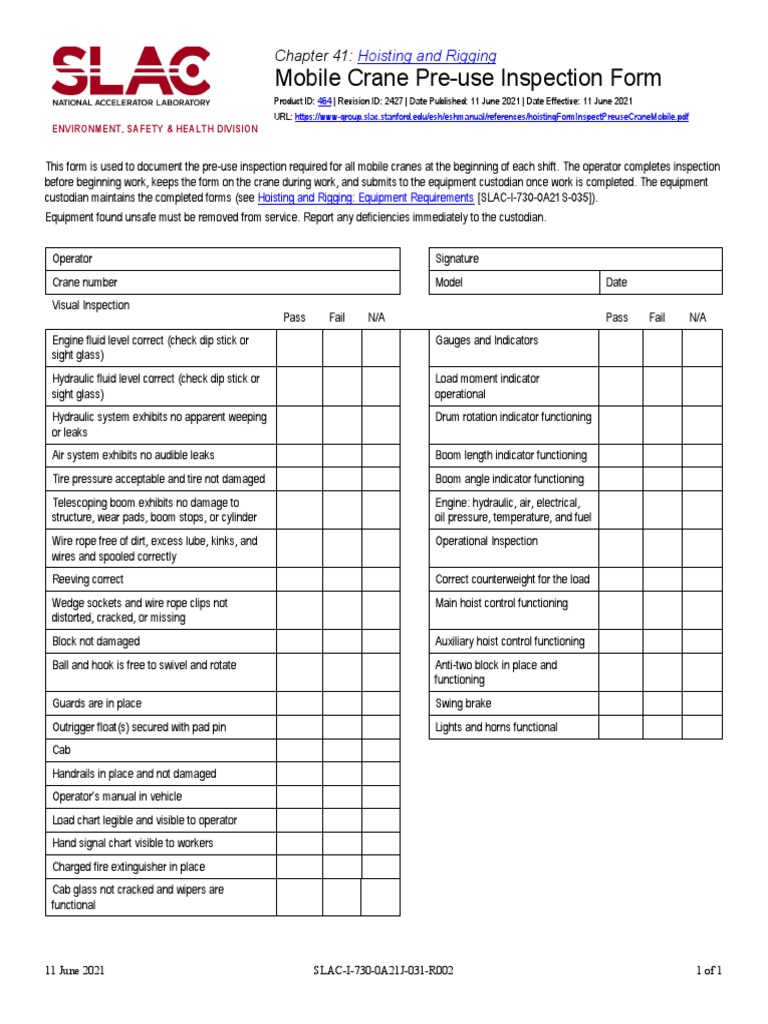 Mobile Crane Pre-Use Inspection Form | PDF | Crane (Machine) | Vehicles