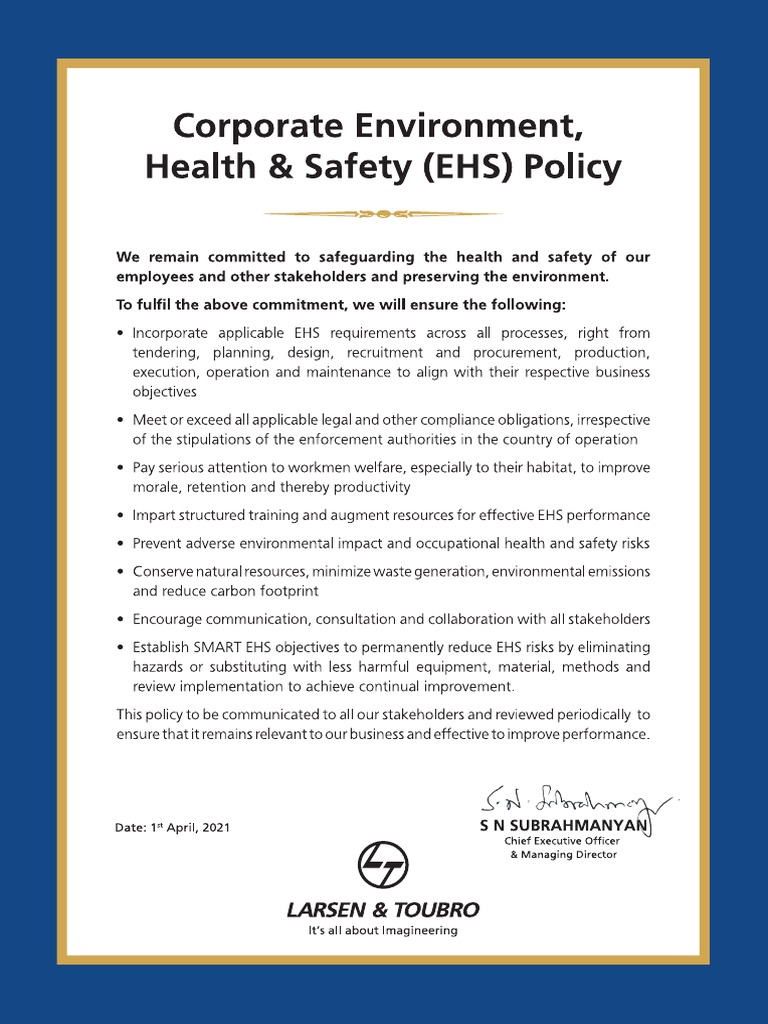 LNT Ehs Policy 2021 | PDF