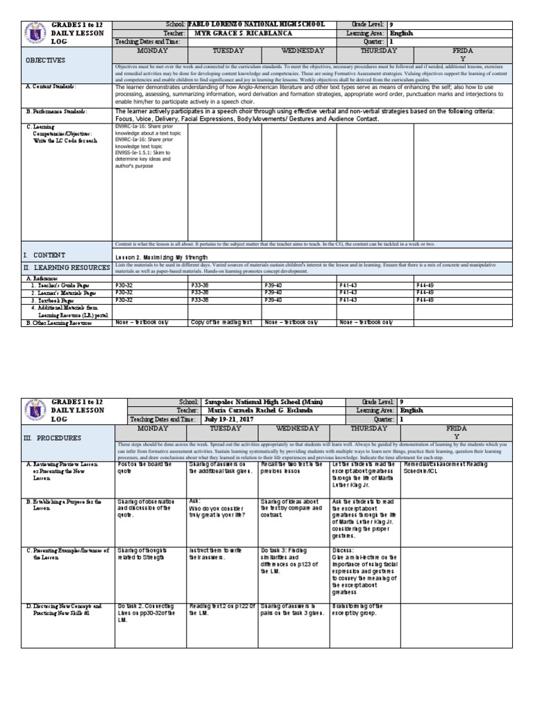 DLL 1st Quarter English 9 | Download Free PDF | Learning | Teaching Method