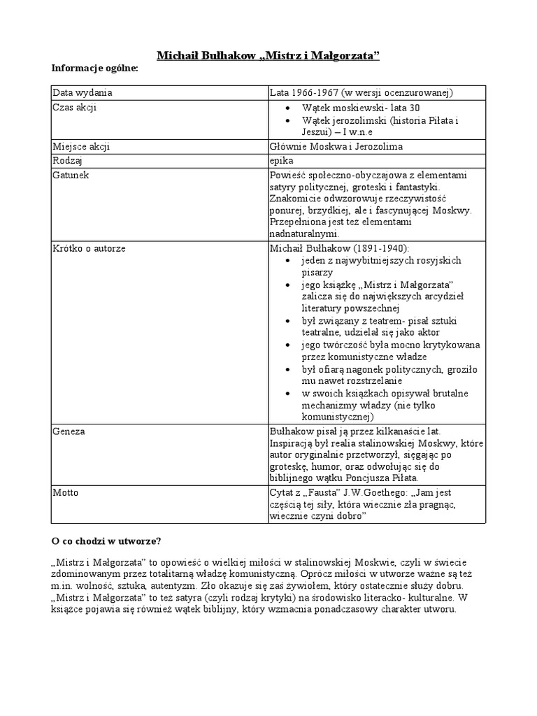 Michaił Bułhakow Mistrz i Małgorzata | PDF