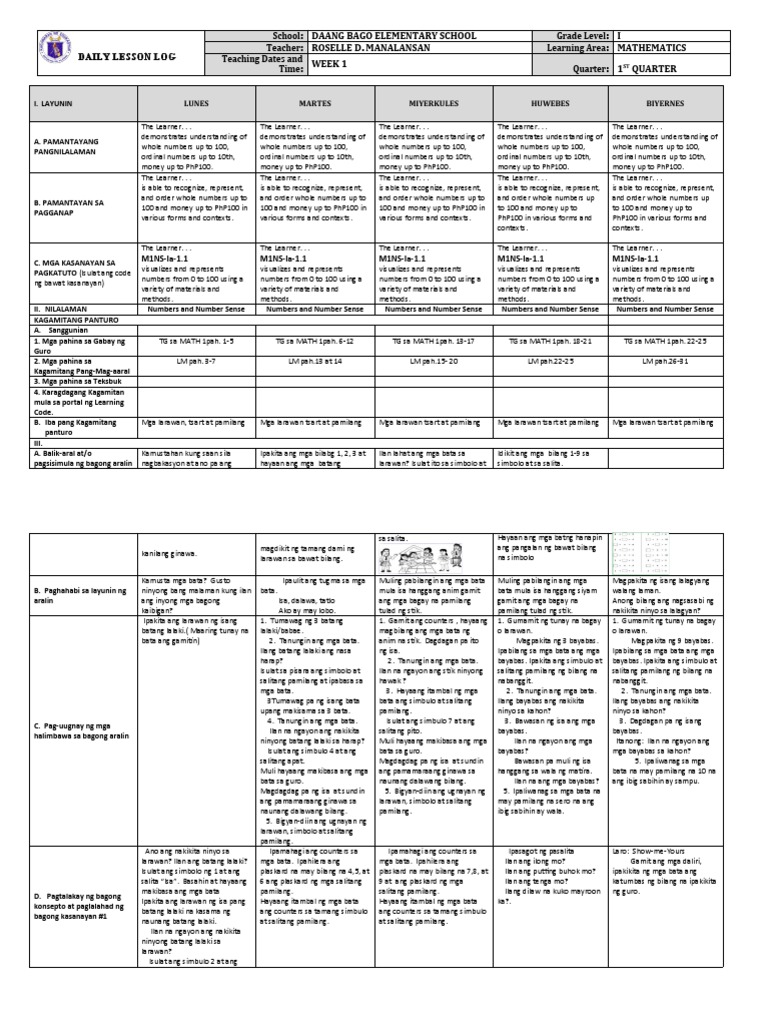 DLL Mathematics 1 q1 w1 | PDF | Learning | Cognitive Science