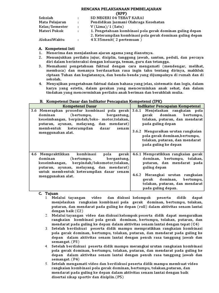 RPP, Bahan Ajar, Media, LKPD, Kisi, Dan Instrumen Penilaian-Guling Depan-Fathur Rahman-Pjk | PDF