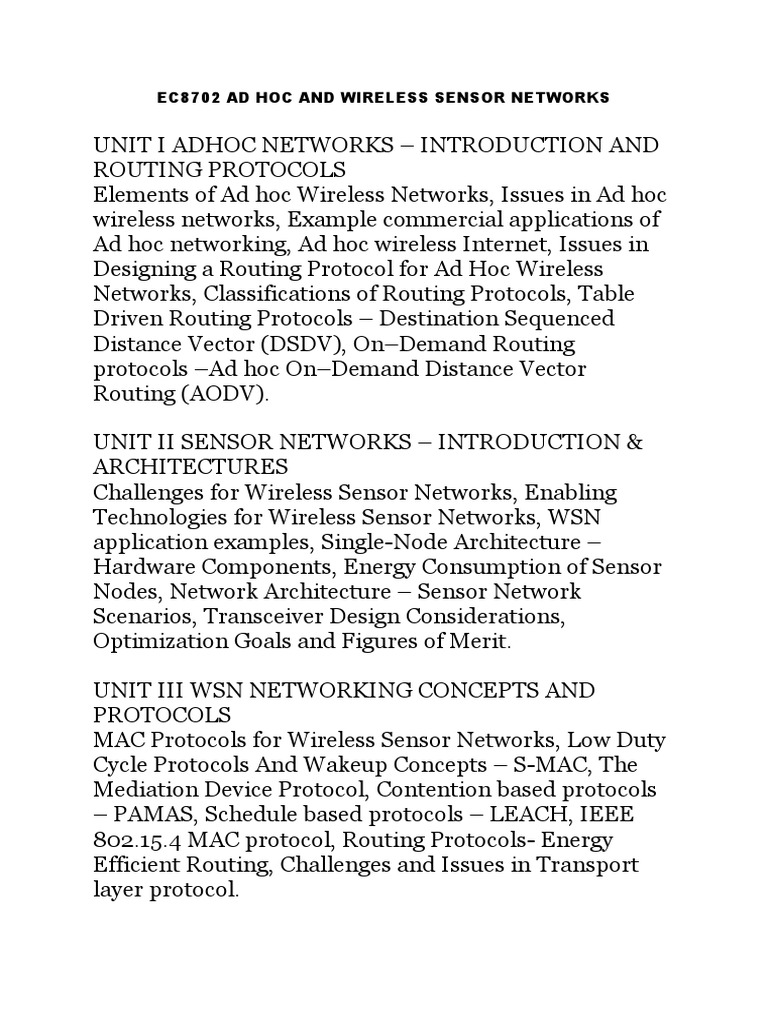 Ec8702 Ad Hoc and Wireless Sensor Networks-Syllabus | PDF | Computers