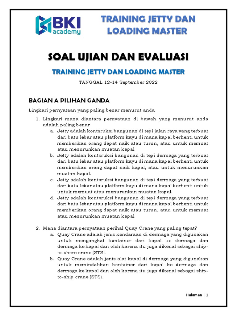 Soal Ujian Training Jetty Dan Loading Master 12-14 September 2022 | PDF