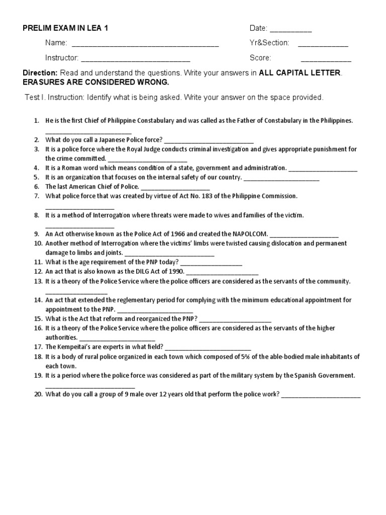 Prelim Exam in Lea 1 | PDF | Police | Justice