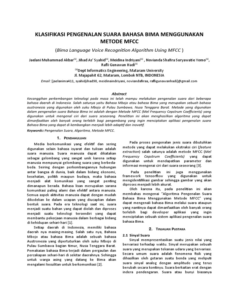 Tugas Besar Speech Processing: KLASIFIKASI PENGENALAN SUARA BAHASA BIMA MENGGUNAKAN METODE MFCC ...