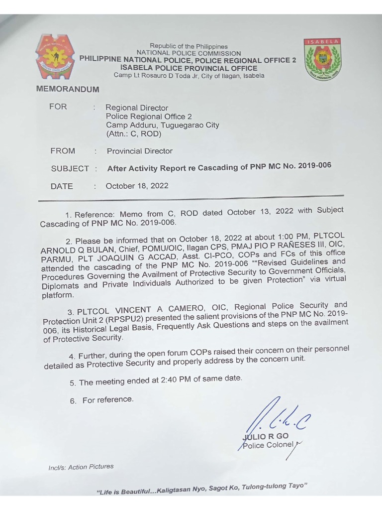 After Activity Report Re Cascading Ofr PNP MC No. 2019-006 | PDF