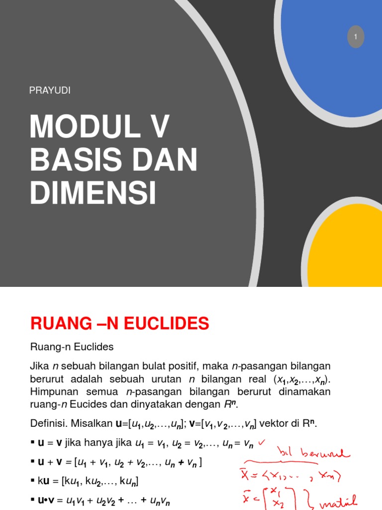 Basis dan Dimensi Ruang Vektor [DOKUMEN]: 1 PRAYUDI MODUL V BASIS DAN DIMENSI RUANG –N EUCLIDES ...