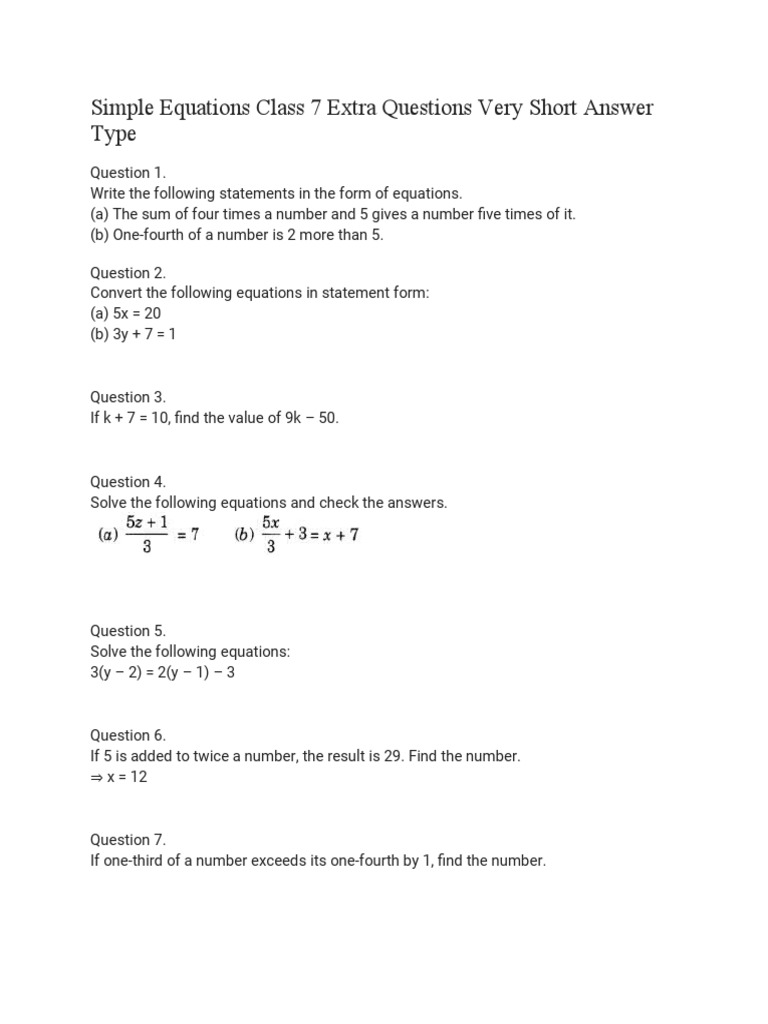 Simple Equations Class 7 Extra Questions | PDF | Teaching Methods ...