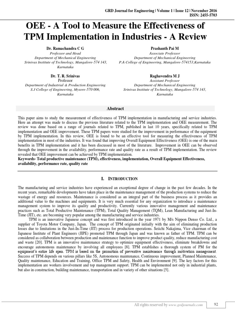 OEE - A Tool To Measure The Effectiveness of TPM Implementation in Industries - A Review | PDF ...