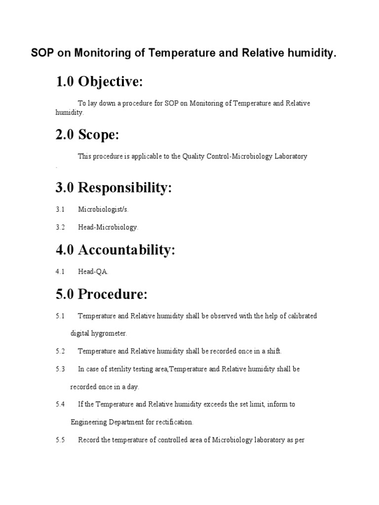 SOP On Monitoring of Temperature and Relative Humidity. | PDF
