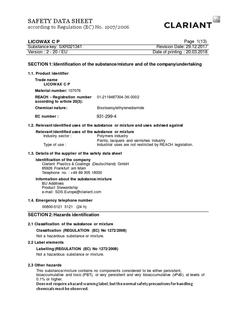 Msds Licowax C P Artno 80004005 en 318 | PDF | Toxicity | Dangerous Goods