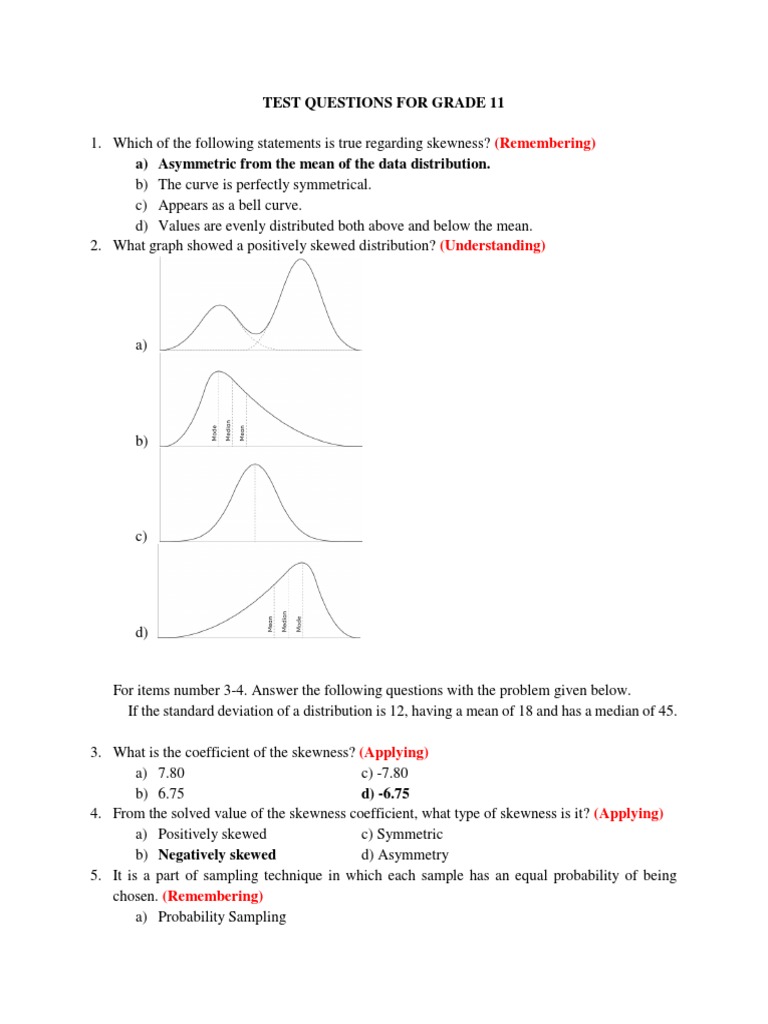 Test Questions For Grade 11 | PDF | Skewness | Spearman's Rank ...