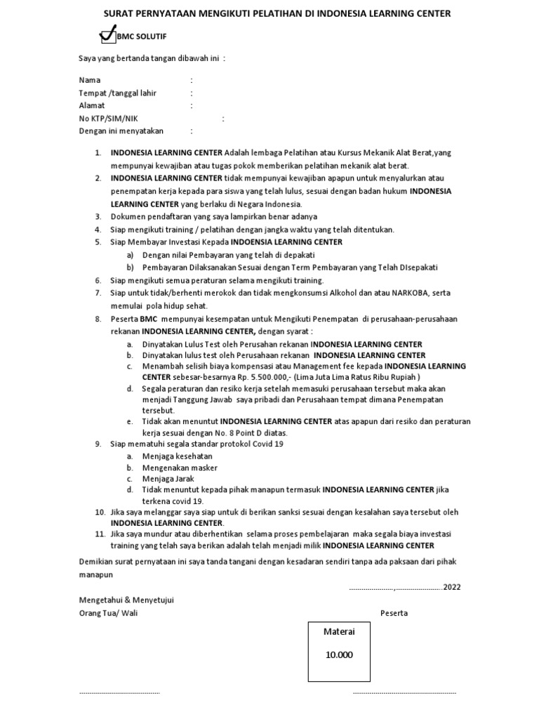 Surat Pernyataan Mengikuti Training BMC | PDF