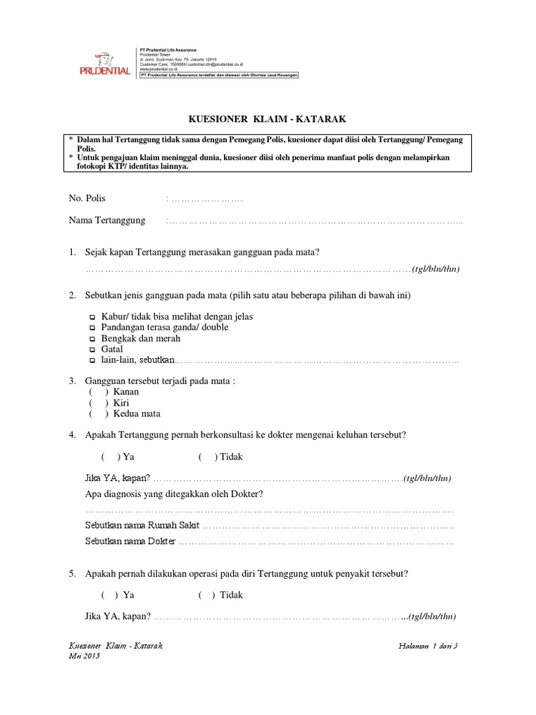 Formulir Kuesioner Klaim Katarak | PDF