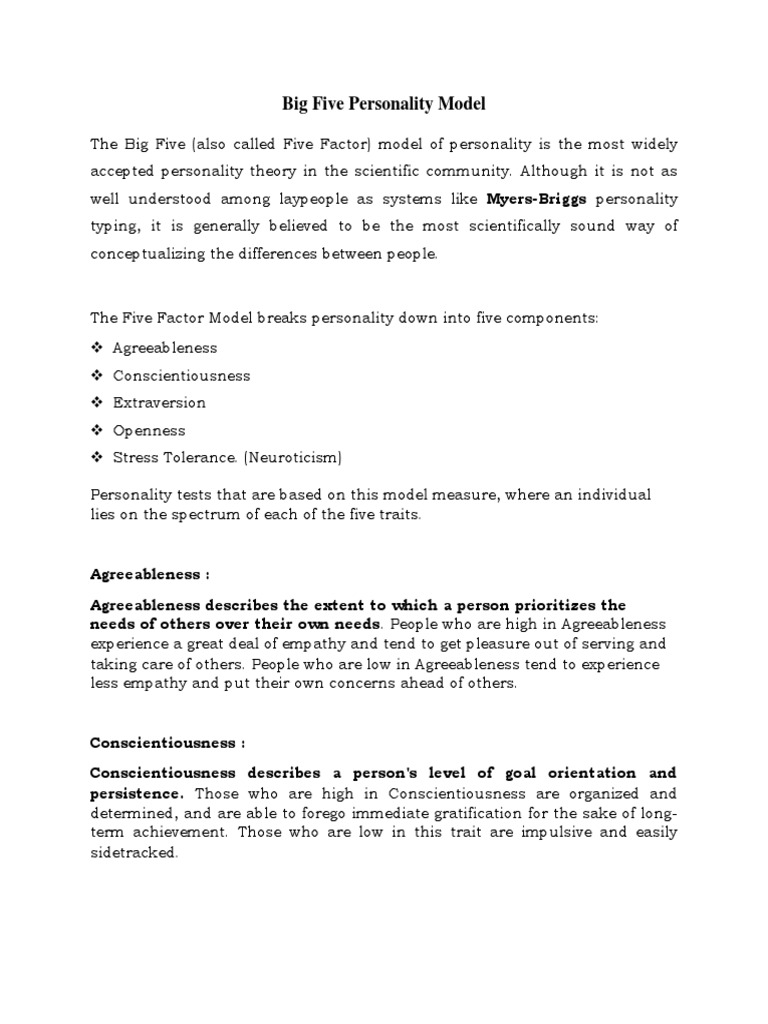 Big Five Personality Model | PDF | Extraversion And Introversion | Psychological Theories