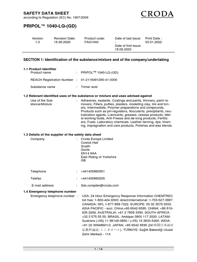 MSDS - Fag1040 - Pripol™ 1040-LQ - (GD) | PDF | Toxicity | Dangerous Goods