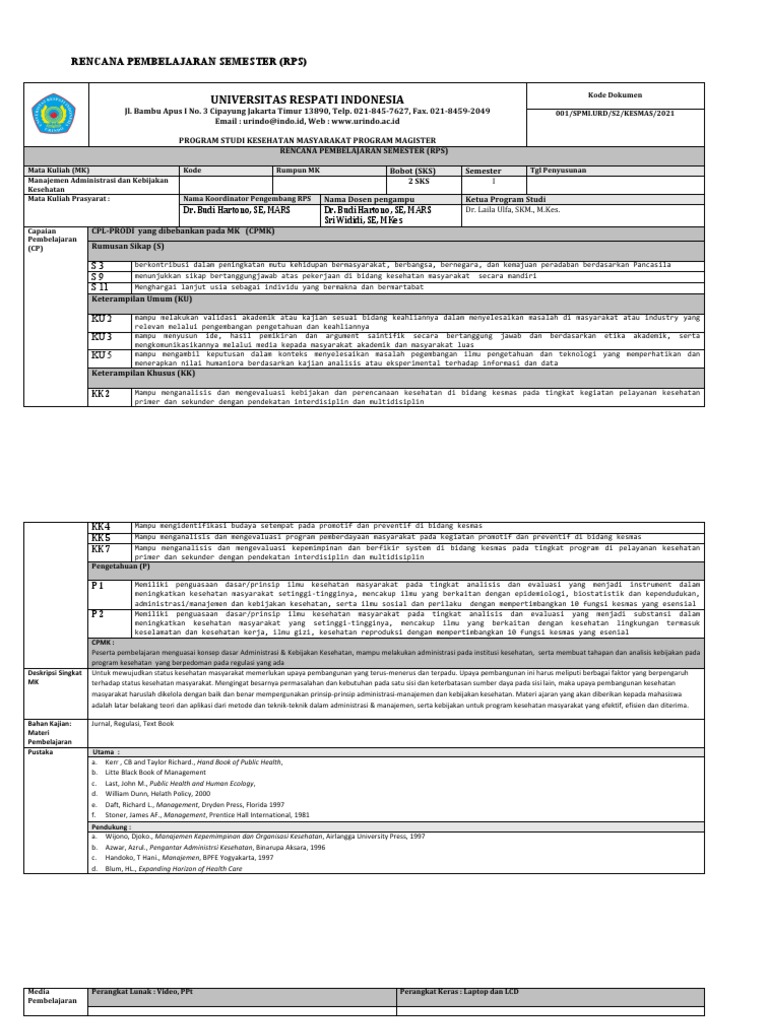 RPS Manajemen Administrasi Dan Kebijakan Kesehatan | PDF