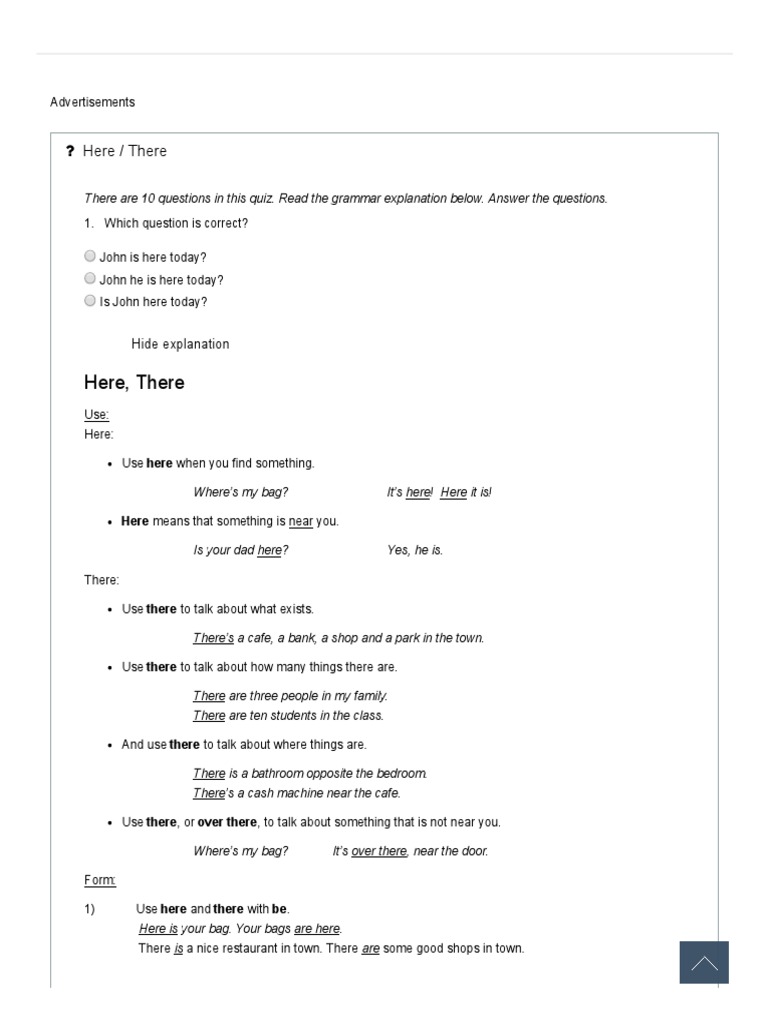 A1 Grammar - Here, There | PDF | Linguistics | Grammar