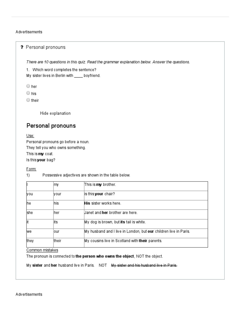 A1 Grammar - Personal Pronouns | PDF